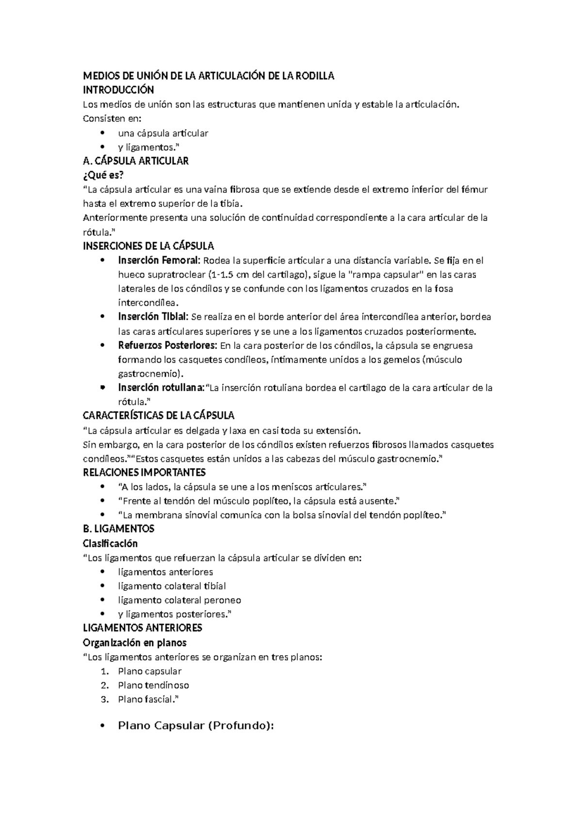 MEDIOS DE UNIÓN DE LA ARTICULACIÓN DE LA RODILLA - RESUMEN - Studocu