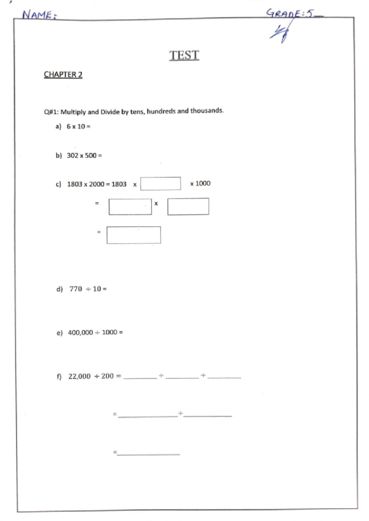TEST CH2 - TEST CH2 - Edexcel Mathematics - NAME: GRADE:5 seage TEST ...