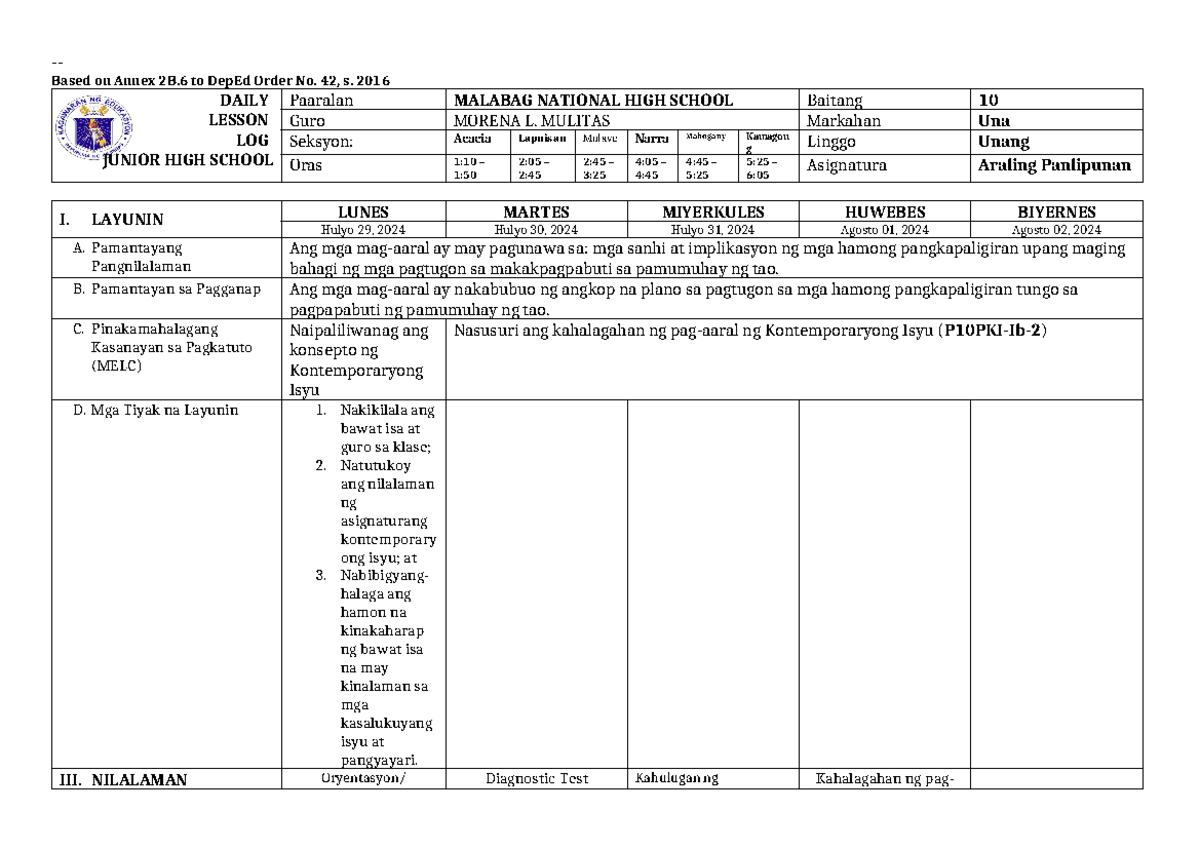 DAILY LESSON LOG IN ARALING PANLIPUNAN GRADE 10 - Based on Annex 2B to ...