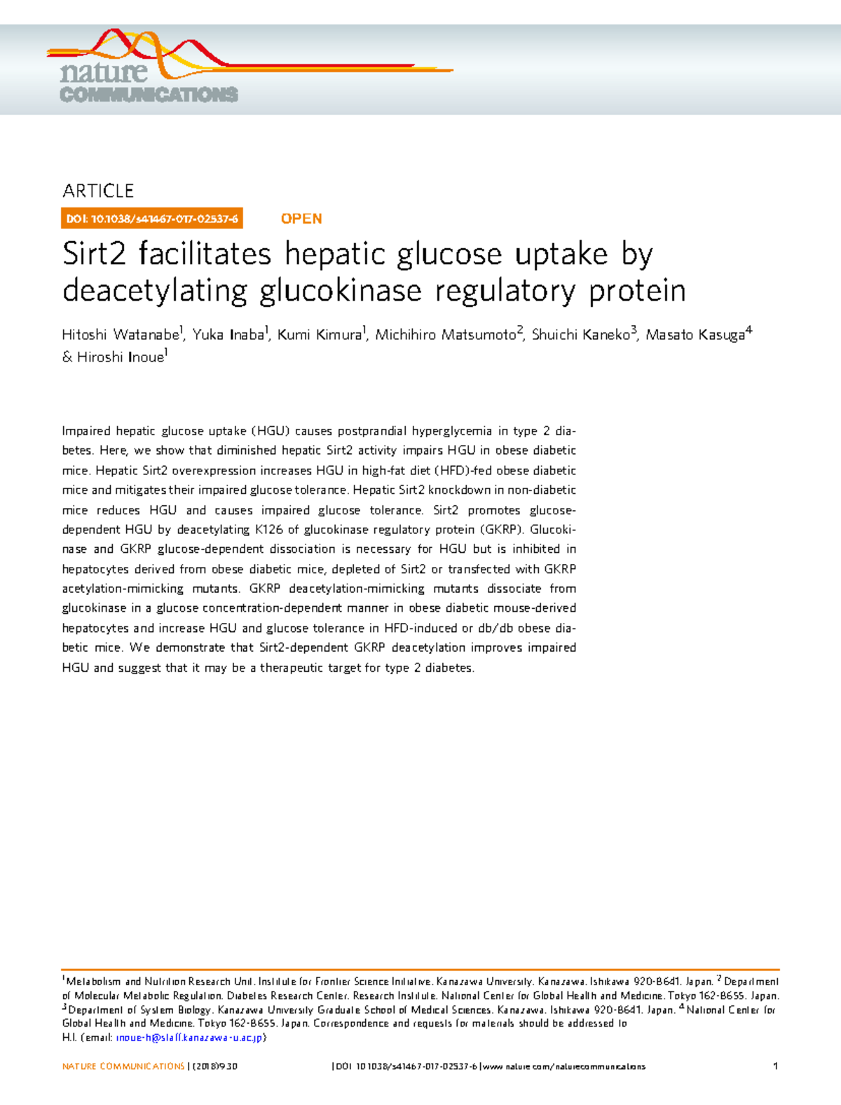 Sirt2 and HGU: Deacetylation of GKRP in Type 2 Diabetes 1234567890 ...