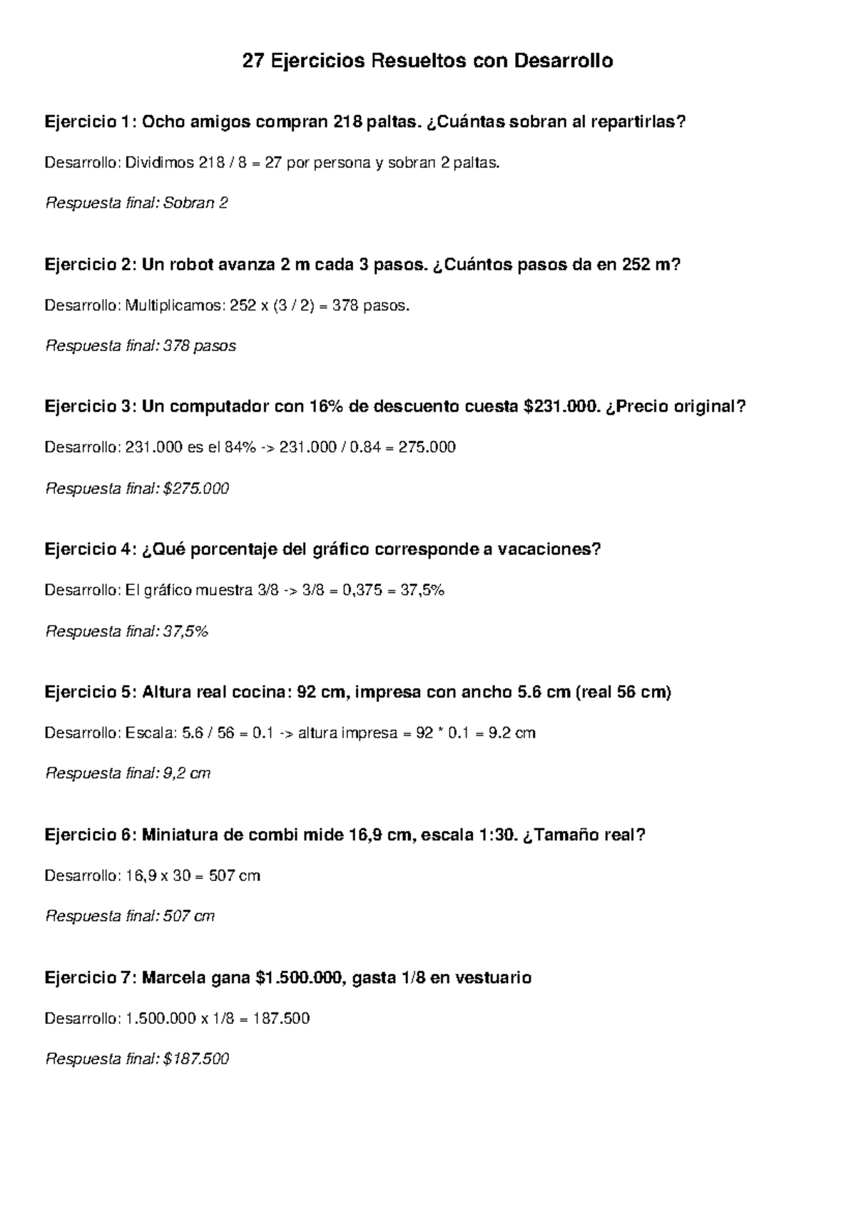 27 Ejercicios Resueltos con Desarrollo: Preguntas y Respuestas - Studocu