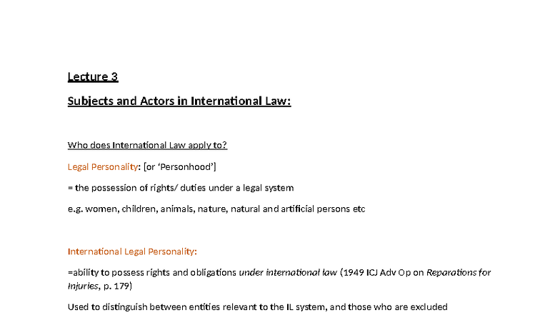Lecture 3: Subjects and Actors in International Law - Legal Personality ...