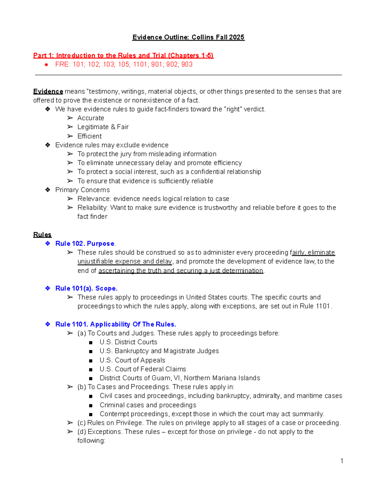 Evidence Outline: Collins Fall 2025 - Introduction to Rules & Trial ...