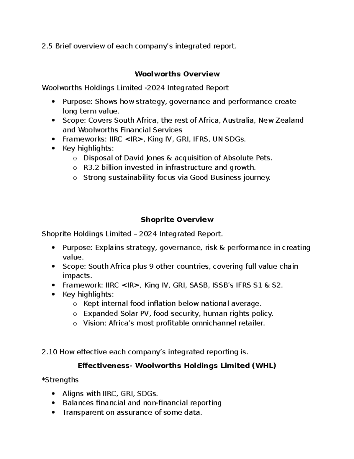 Integrated Reports Overview: Woolworths & Shoprite (2024) - Studocu