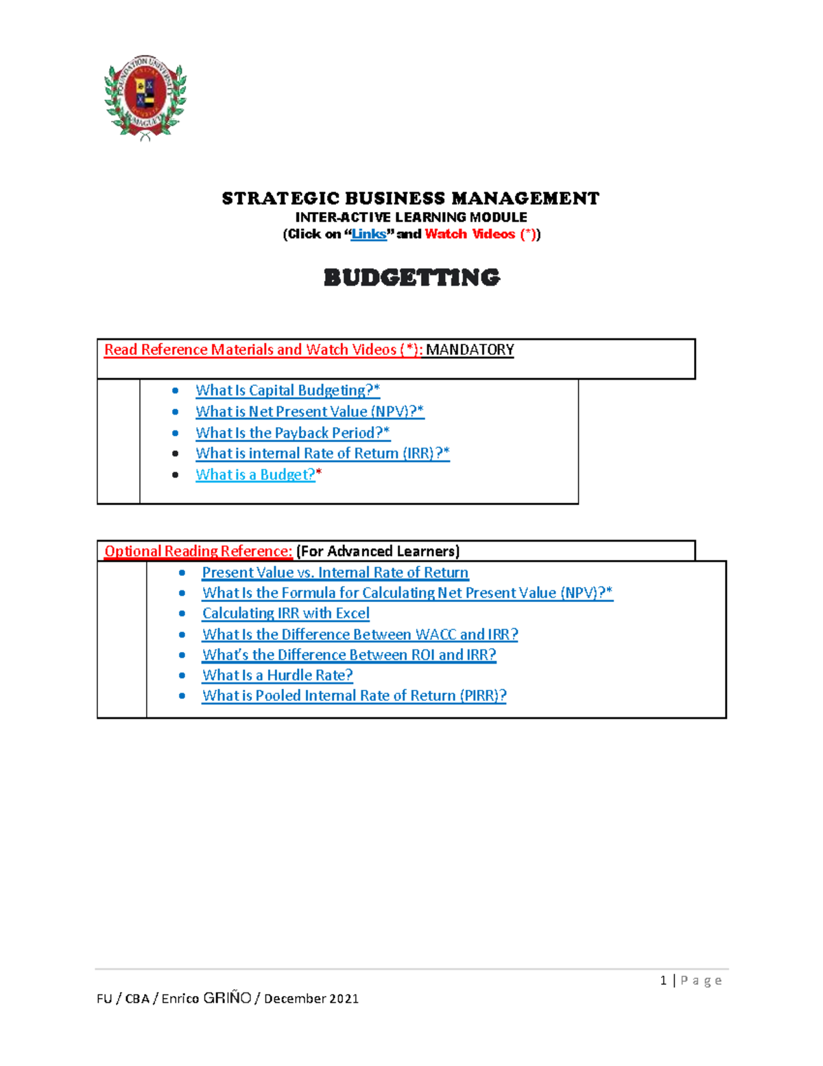 Strategic Business Management: Capital Budgeting Module Guide - Studocu