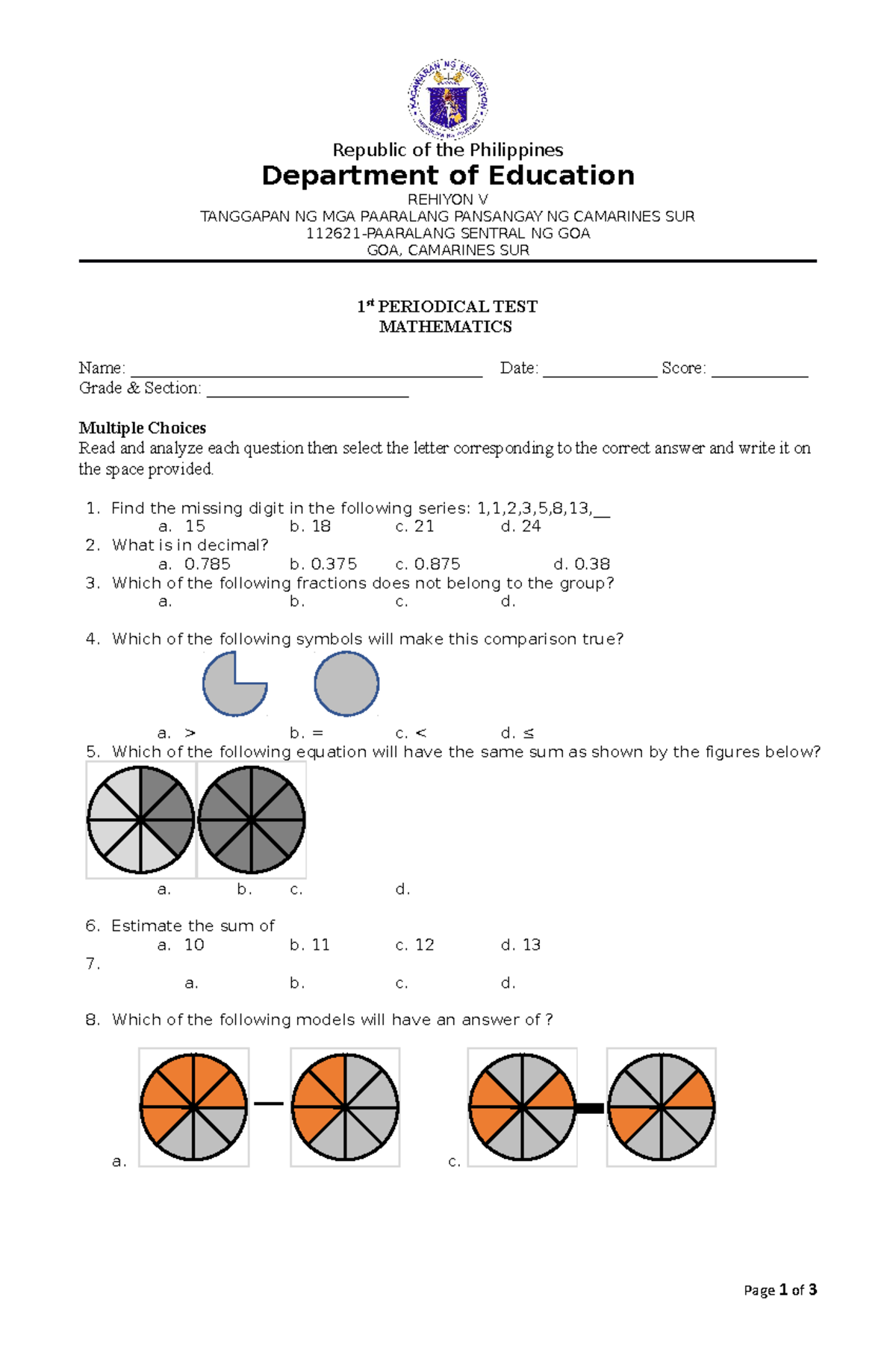 1st Periodical Math Test - Grade 6 (REHIYON V) - Studocu