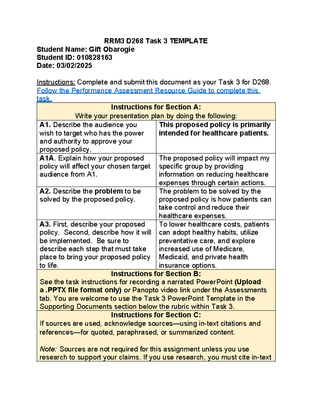 RRM3 D268 Task 3 - Presentation Plan Template for Policy Proposal - Studocu