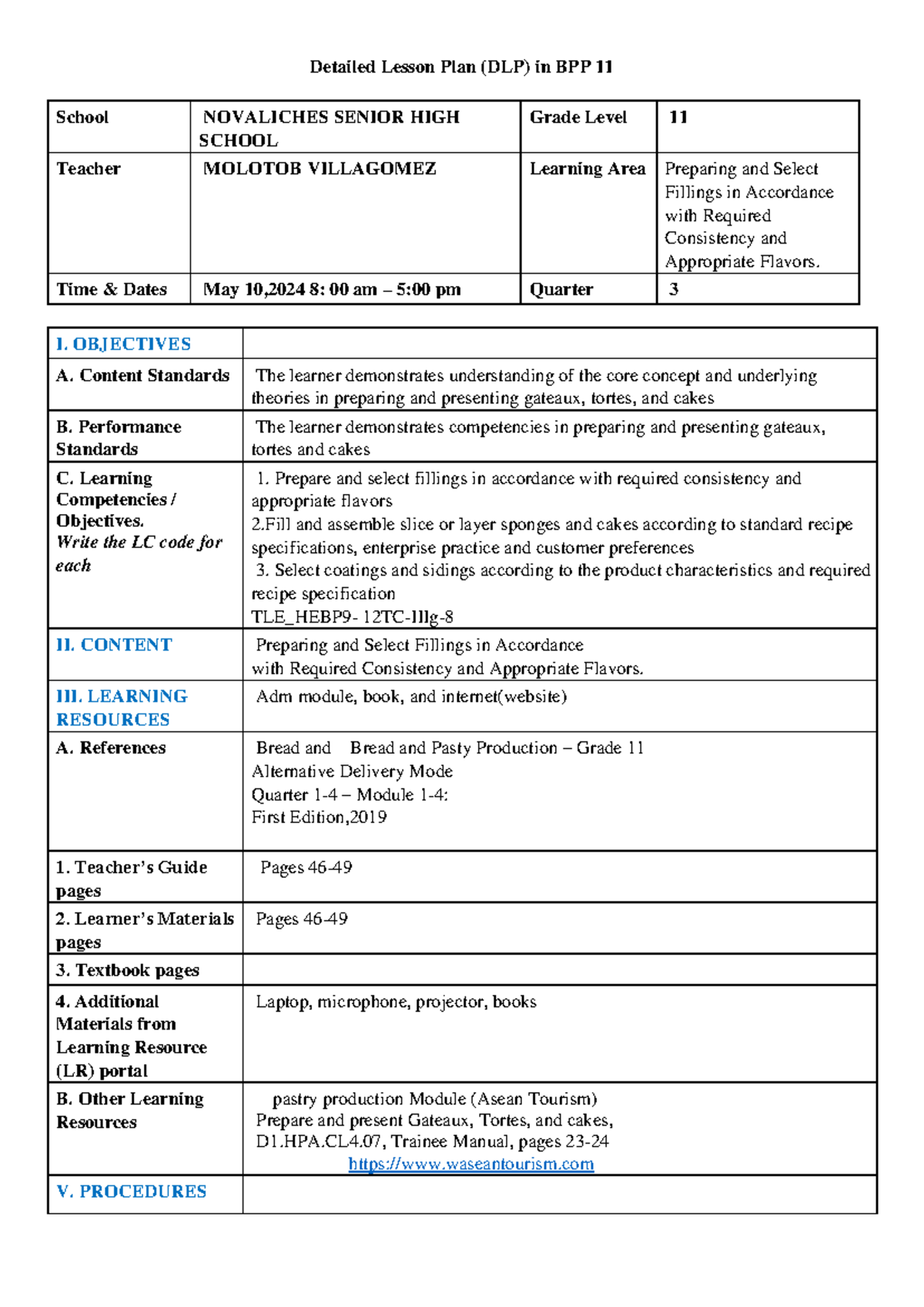Detailed Lesson Plan (DLP) for BPP 11: Preparing Fillings & Flavors - Studocu