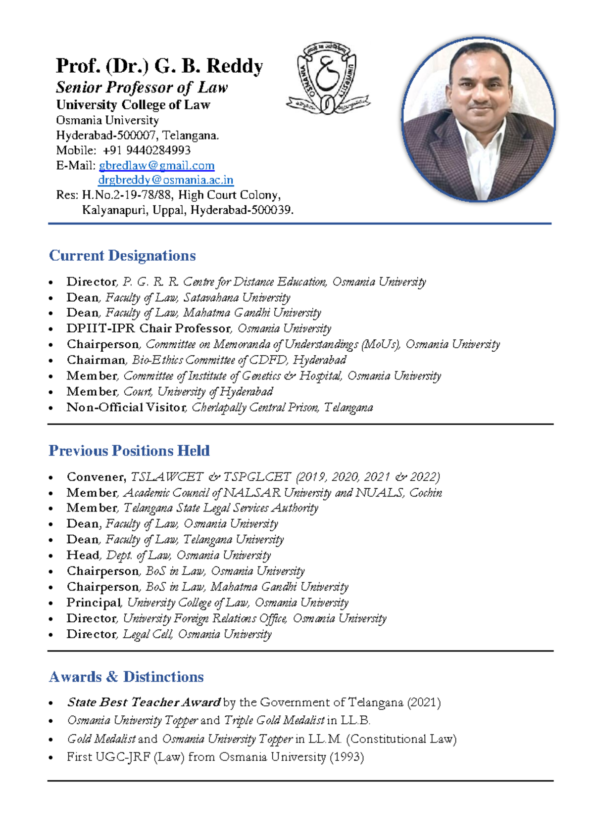 G.B. Reddy - Senior Professor of Law: Brief CV & Biodata Overview - Studocu
