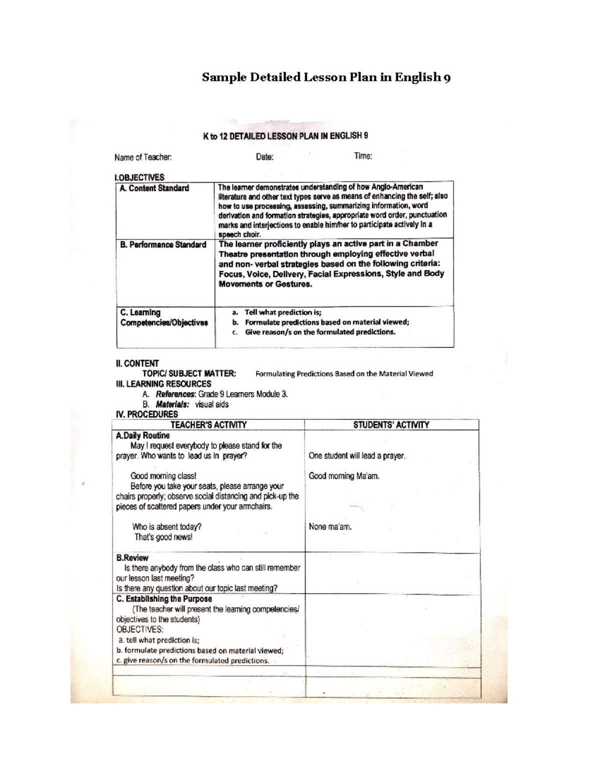 Detailed Lesson Plan in English 9: Formulating Predictions - Studocu