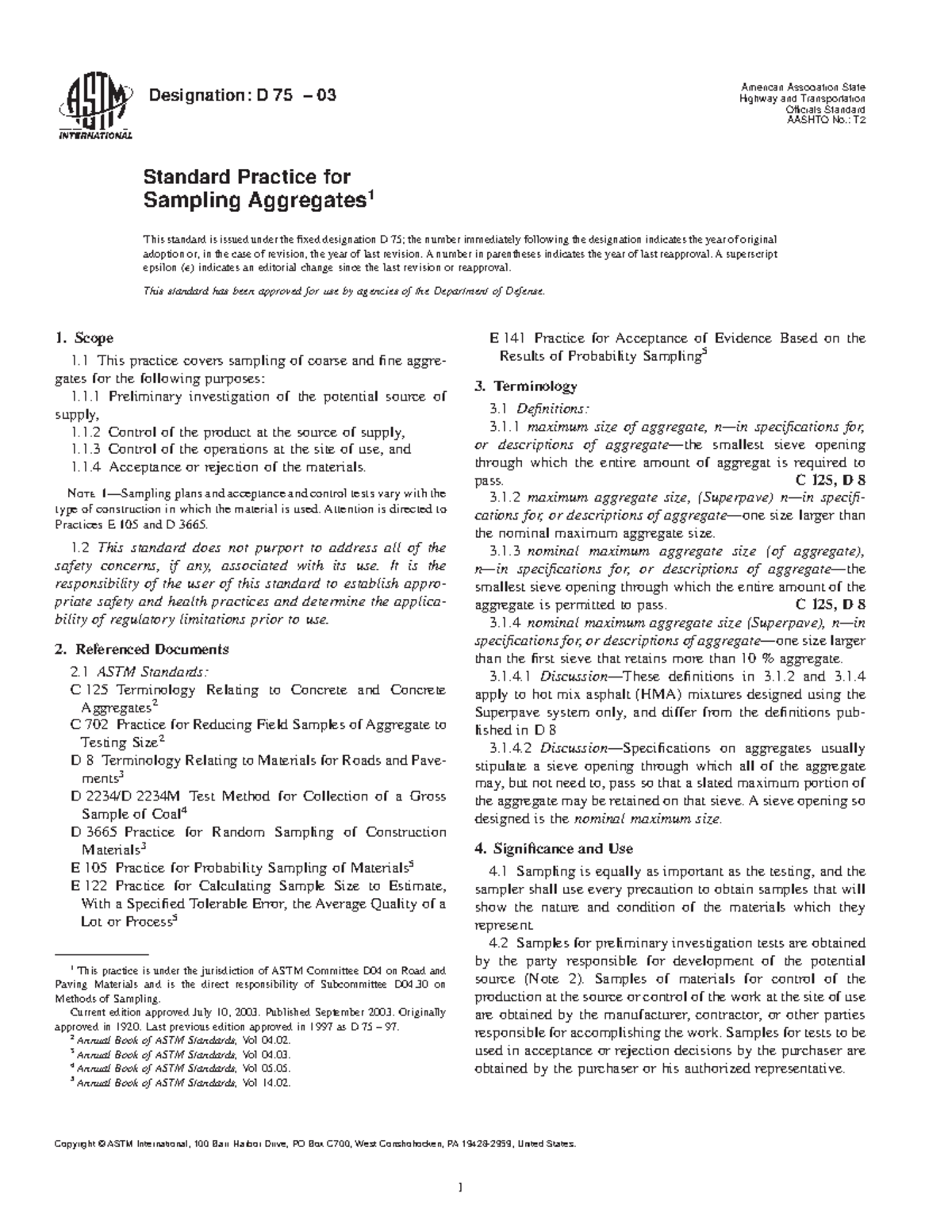 ASTM D75 - Standard Practice for Sampling Aggregates (2003) - Studocu
