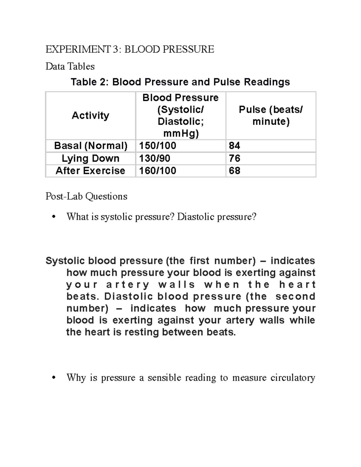 Experiment 3 Data Tables and Assessment - EXPERIMENT 3: BLOOD PRESSURE Data Tables Table 2 ...