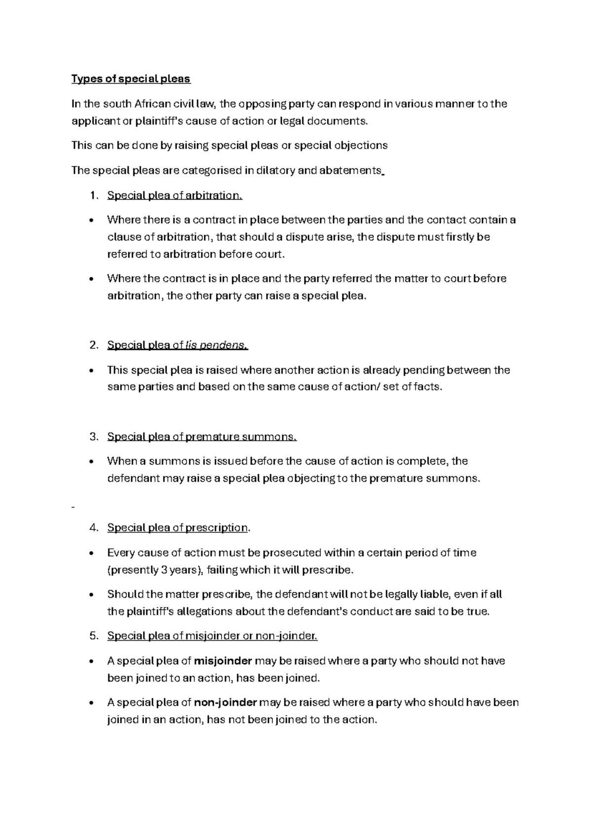 Types of Special Pleas in South African Civil Law - Studocu