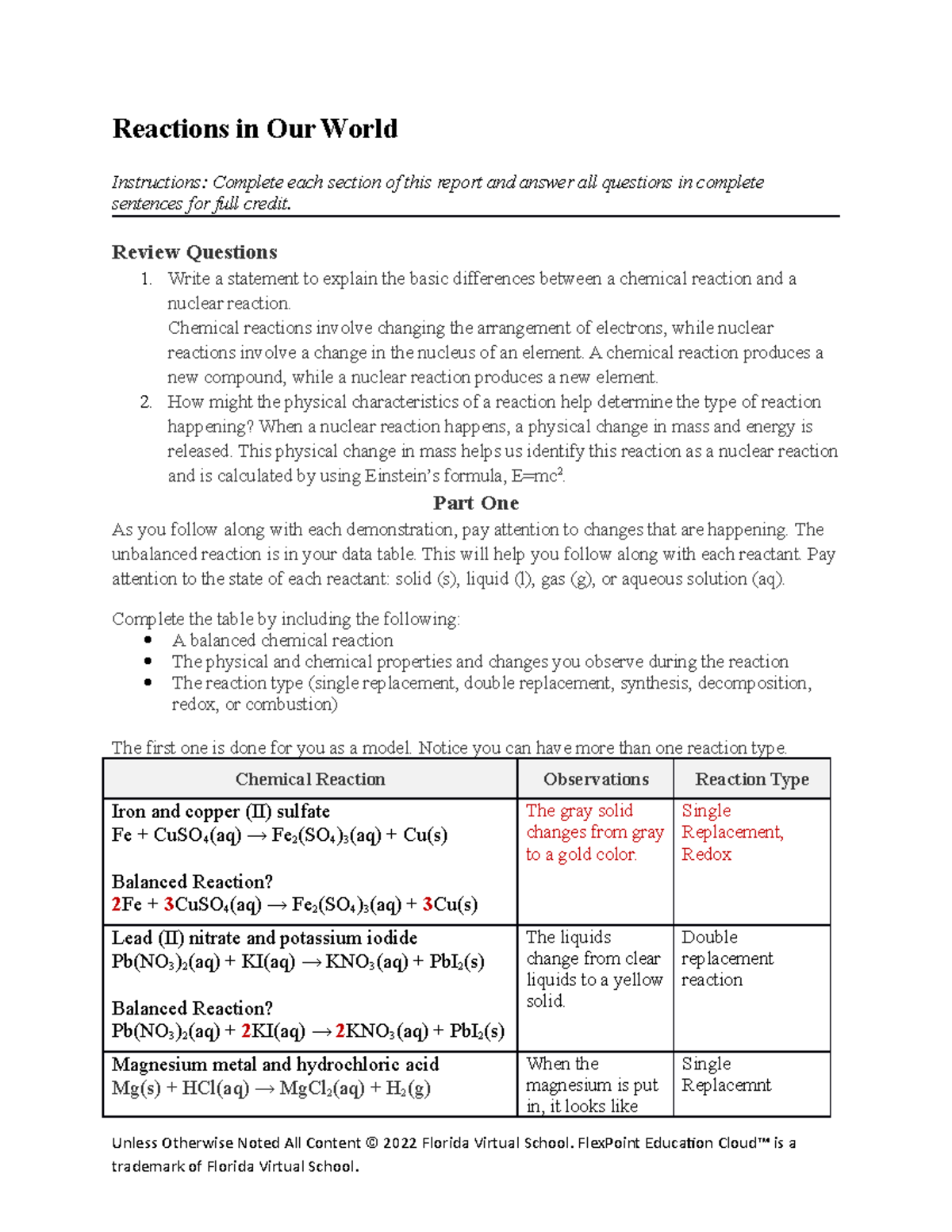 Reactions in Our World Report: Chemical & Nuclear Analysis Guide - Studocu