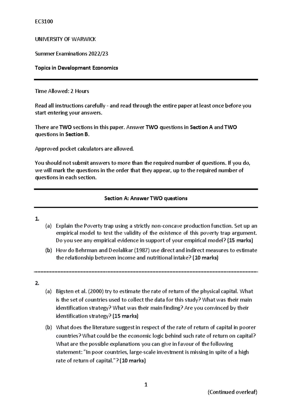 Ec3100 summer 2023 - EC 1 (Continued overleaf) UNIVERSITY OF WARWICK ...
