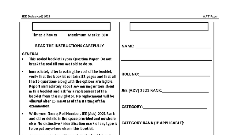 JEE (Advanced) 2021 AAT Question Paper - Complete Guide - Studocu