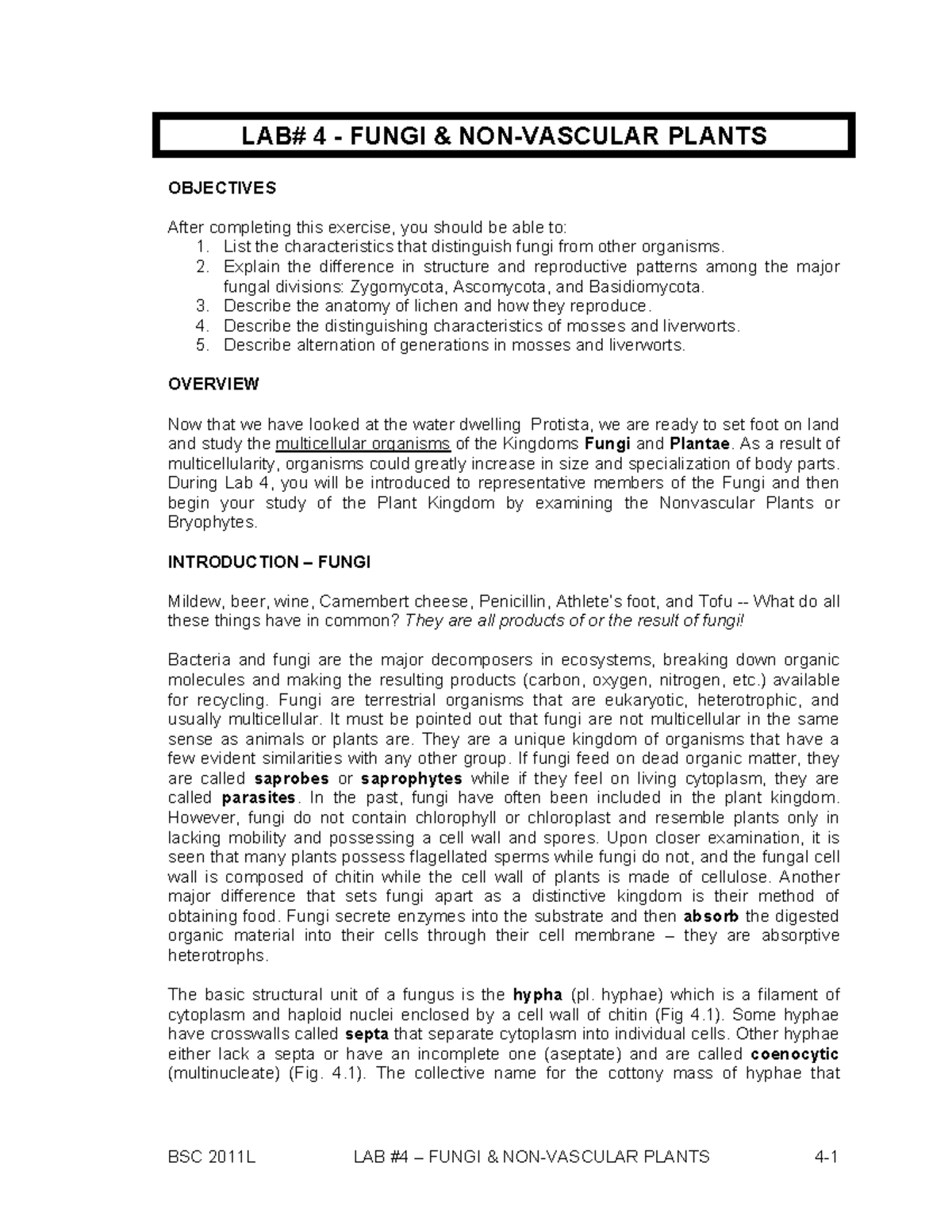 BSC 2011L Lab #4 - Fungi & Non-Vascular Plants - Studocu