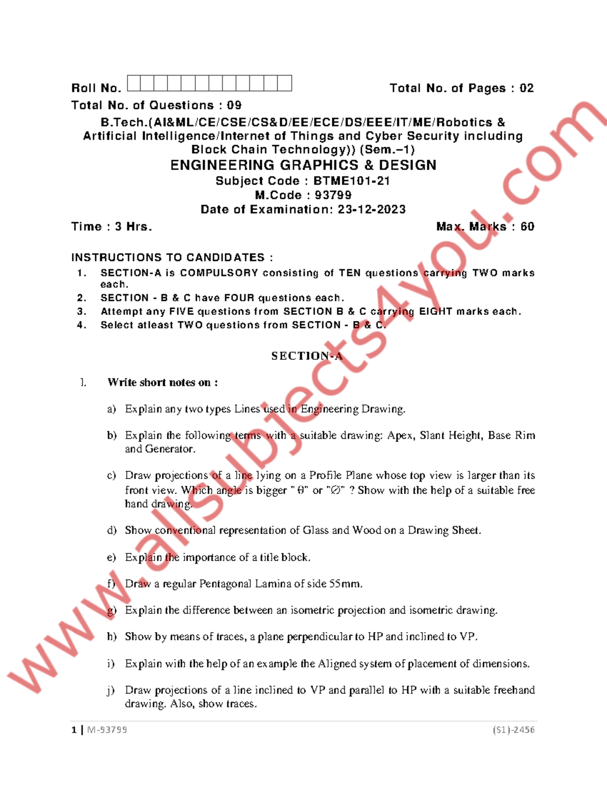 Engineering Graphics Design Exam Questions - M.Code: 93799 - Studocu