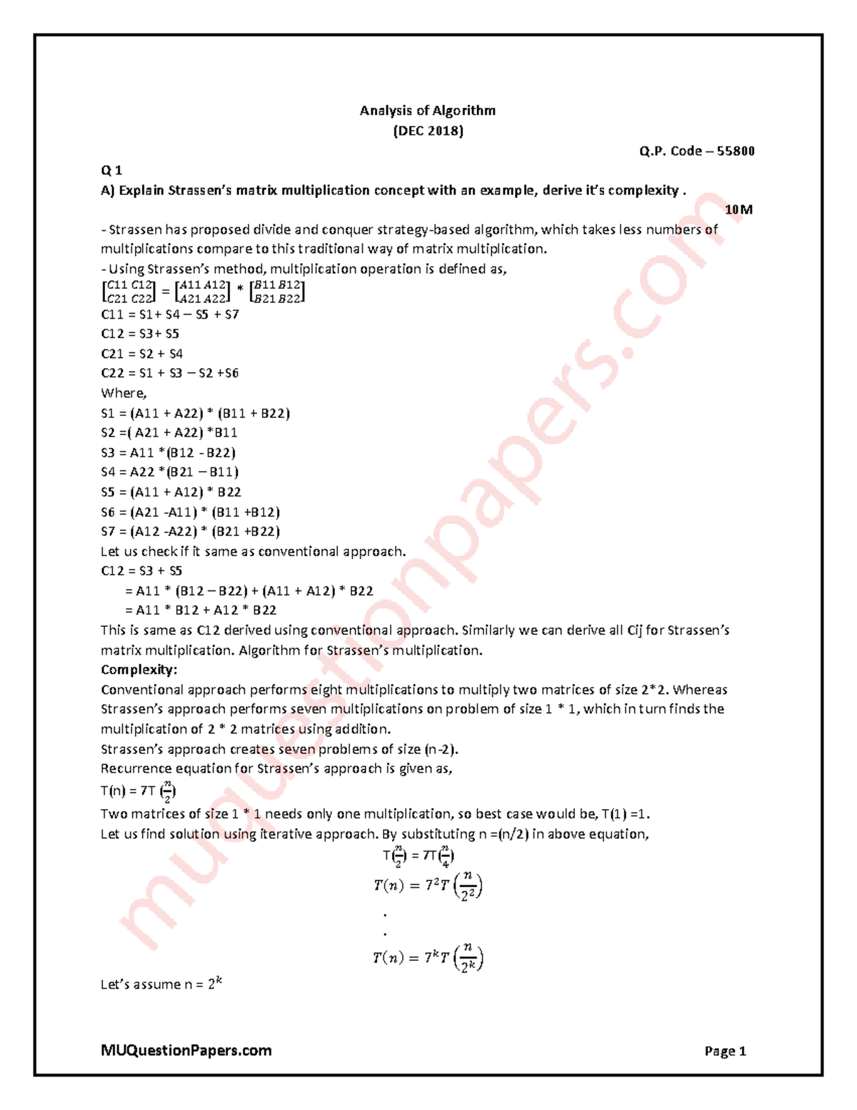 Analysis of algorithm - solved answer paper of AOA 2018 Mumbai ...
