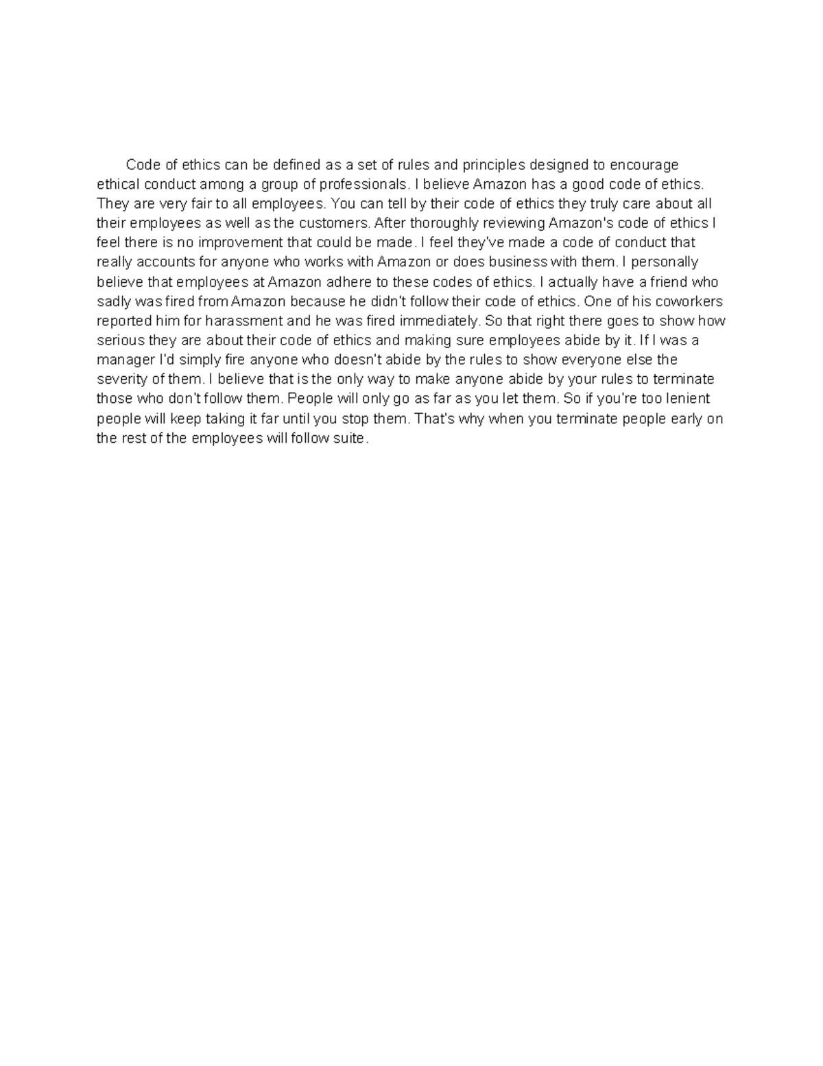 Code of Ethics - Ethics Assignment on Amazon's Conduct - Studocu