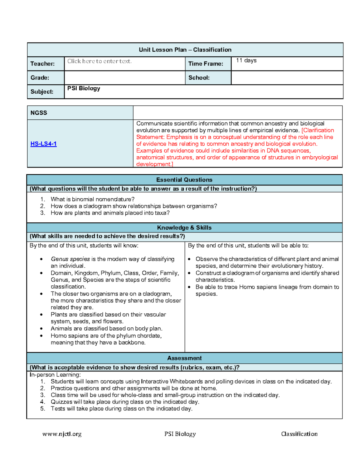 PSI Biology Unit Lesson Plan: Classification & Evolution Evidence - Studocu