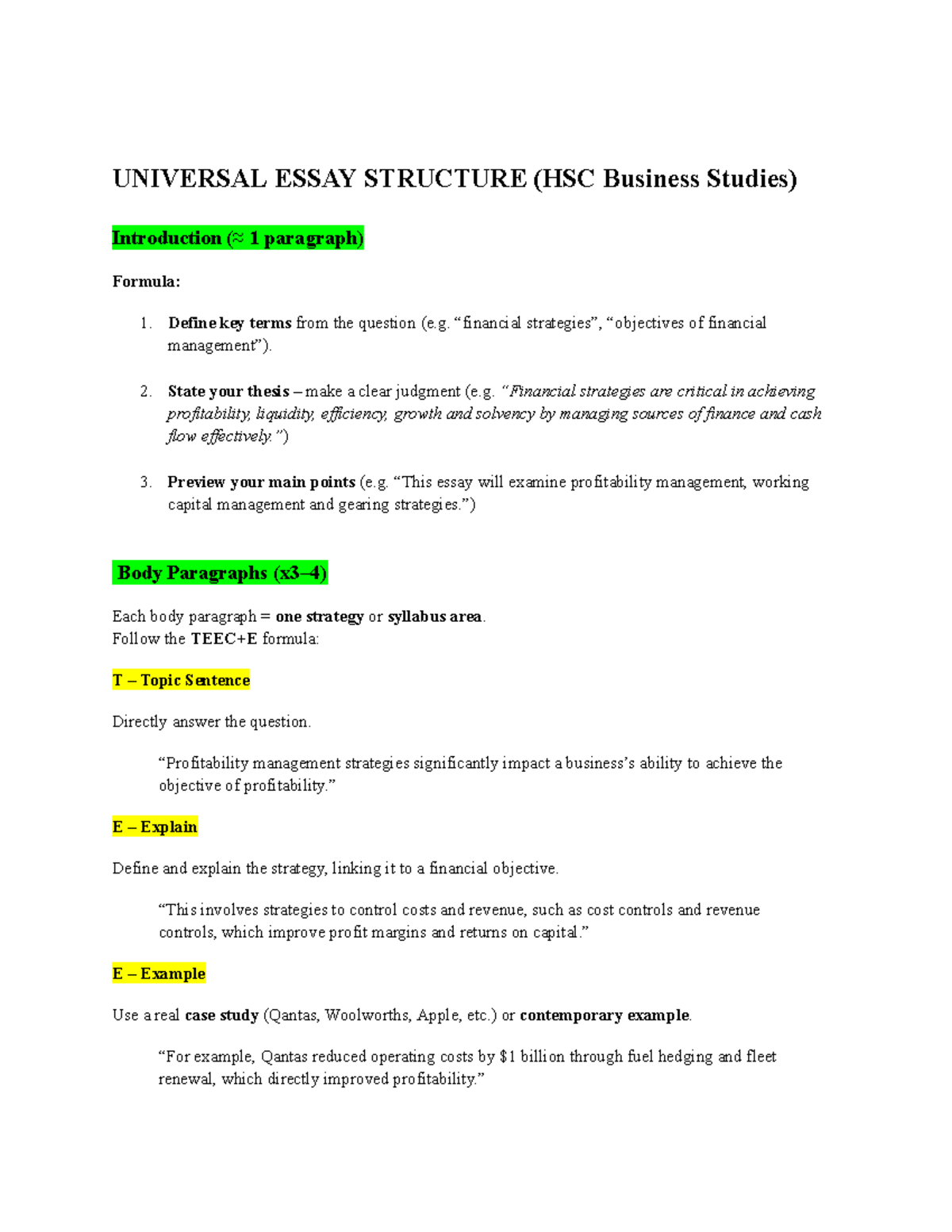 UNIVERSAL ESSAY STRUCTURE (HSC Business Studies) Guide - Studocu