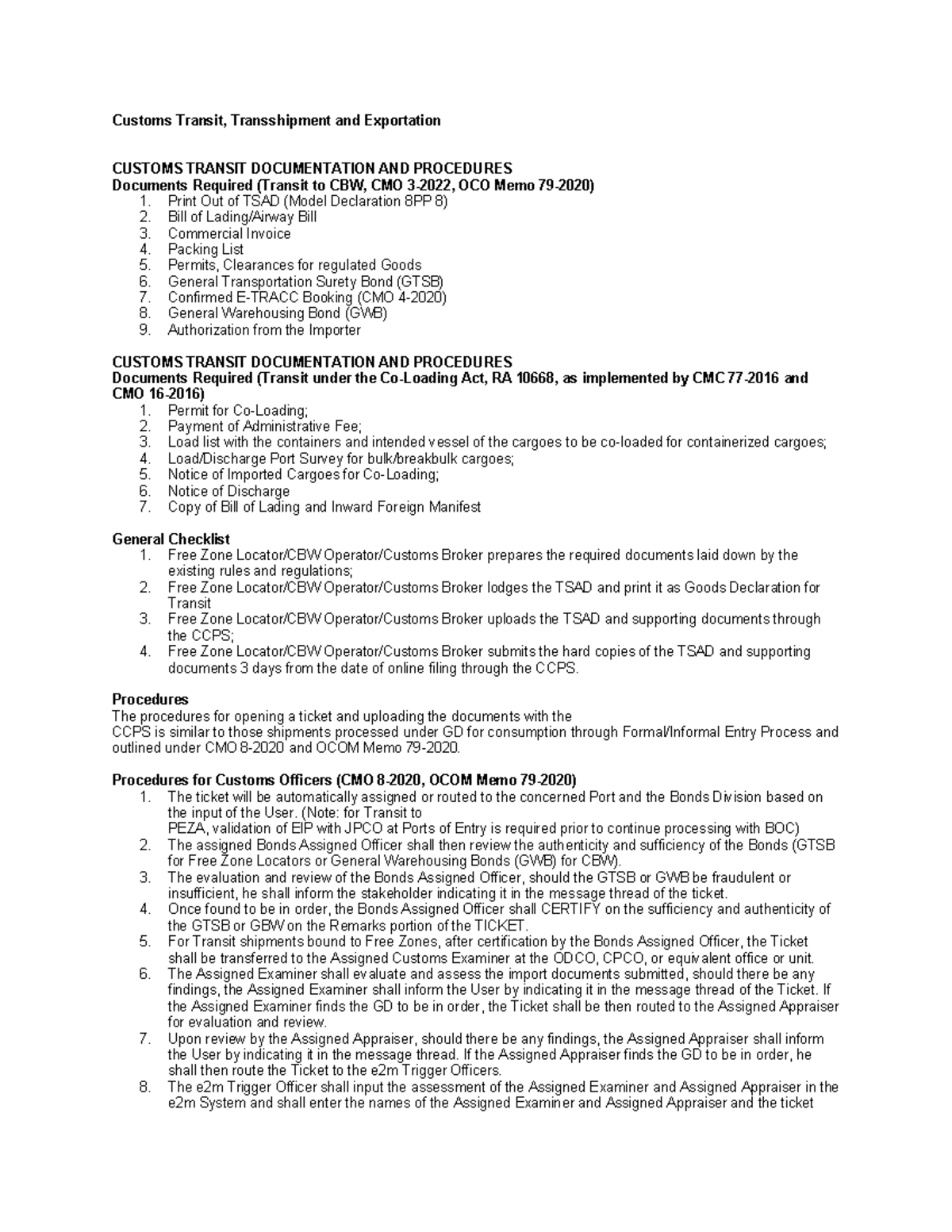 CDP Customs Transit & Transshipment Procedures and Documentation Guide ...