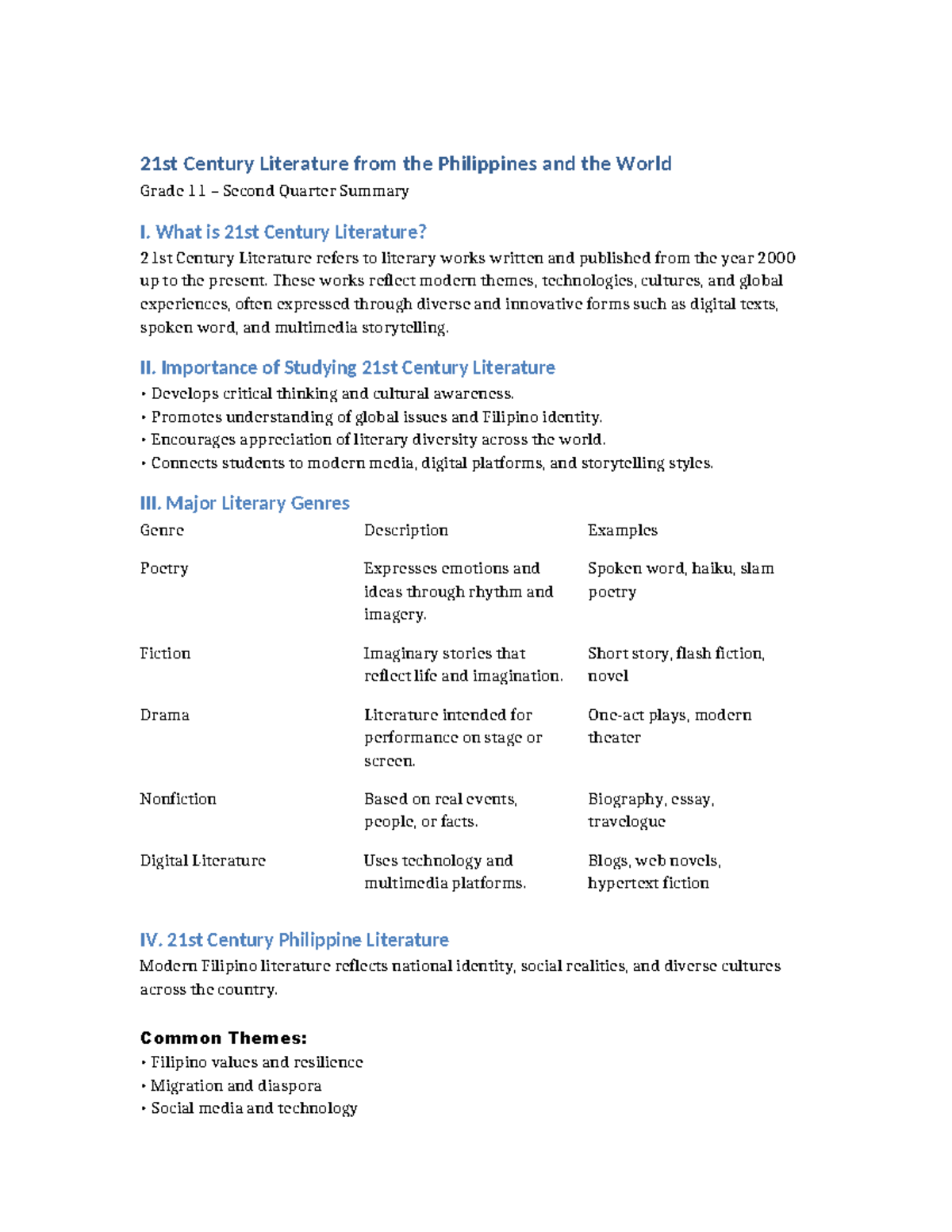21st Century Literature Summary (Grade 11) - 2nd Quarter Insights - Studocu