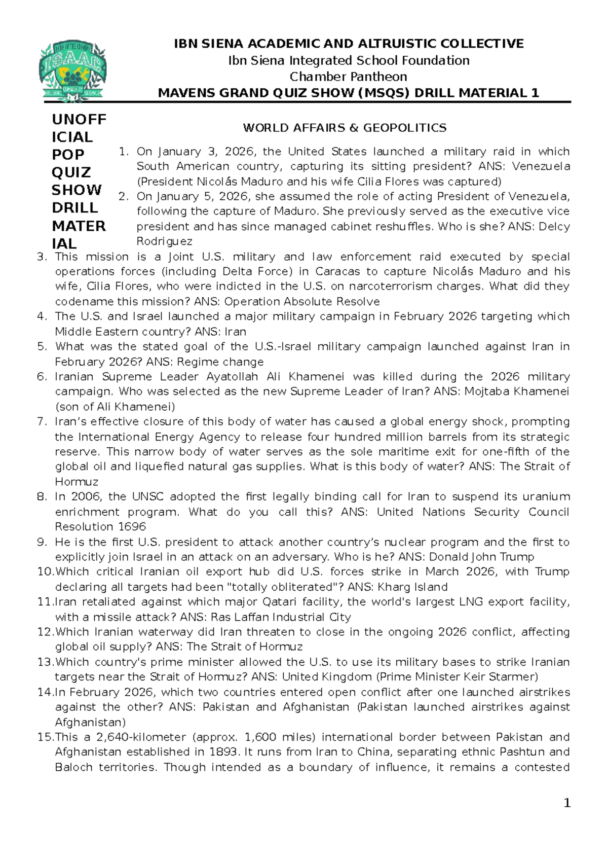 IBN SIENA ACADEMIC AND ALTRUISTIC COLLECTIVE: MSQS Drill Material 1 ...