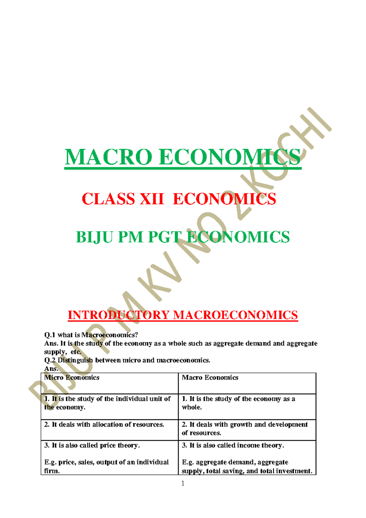 Macro Economics MLL - Class XII Introductory Macroeconomics Notes - Studocu