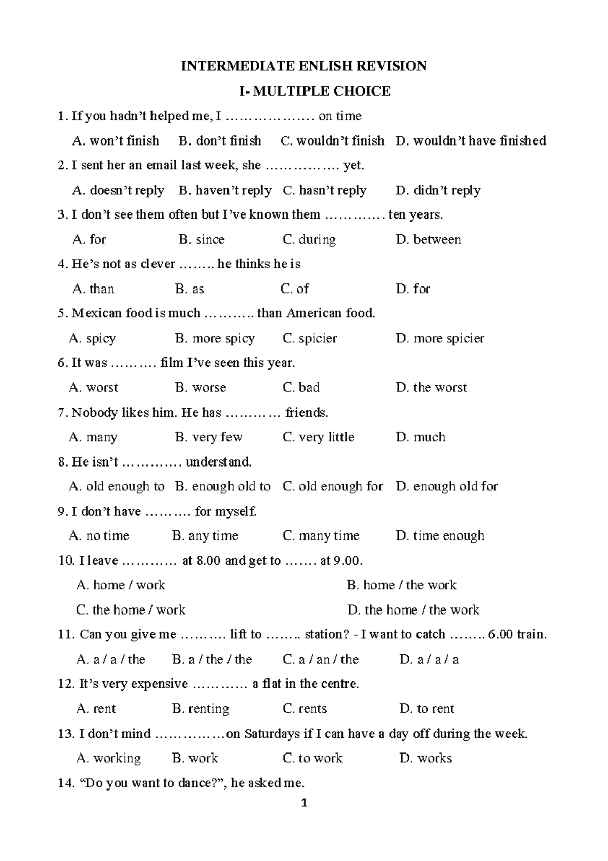 INTERMEDIATE ENGLISH REVISION: MULTIPLE CHOICE QUESTIONS - Studocu