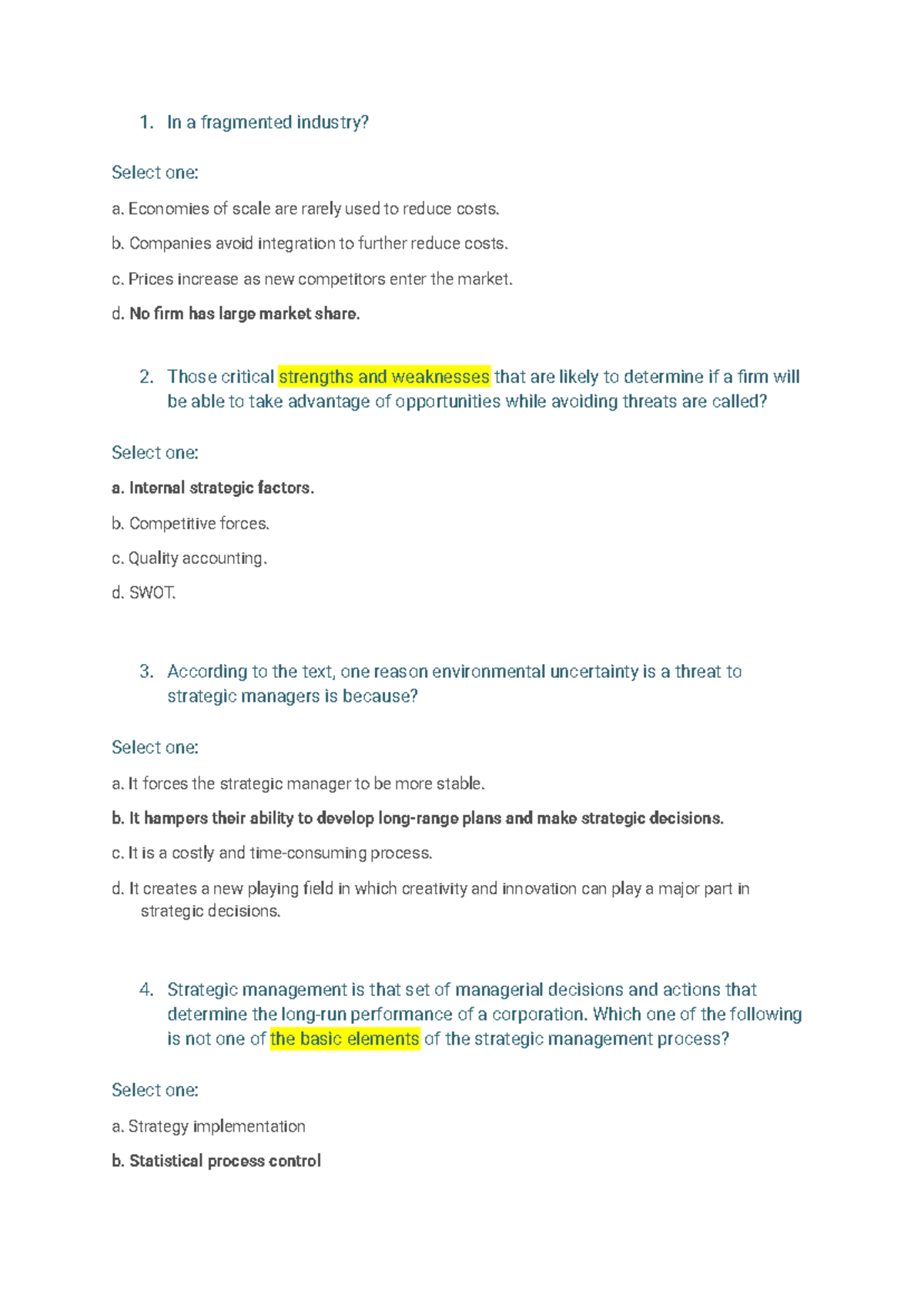 Strategic Management Quiz - Course Code: SM101 - Studocu