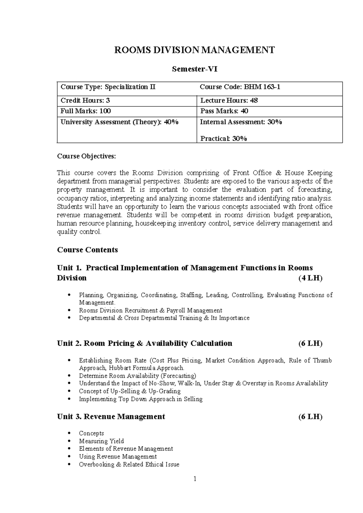 6th Semester Rooms Division Management (BHM) Course Overview - Studocu