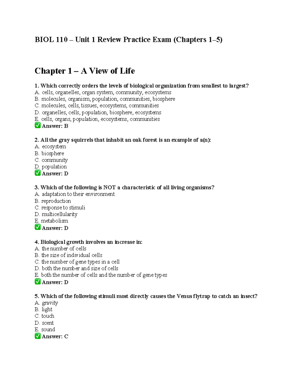 BIOL 110 Unit 1 Comprehensive Review Practice Exam (Chapters 1-5) - Studocu