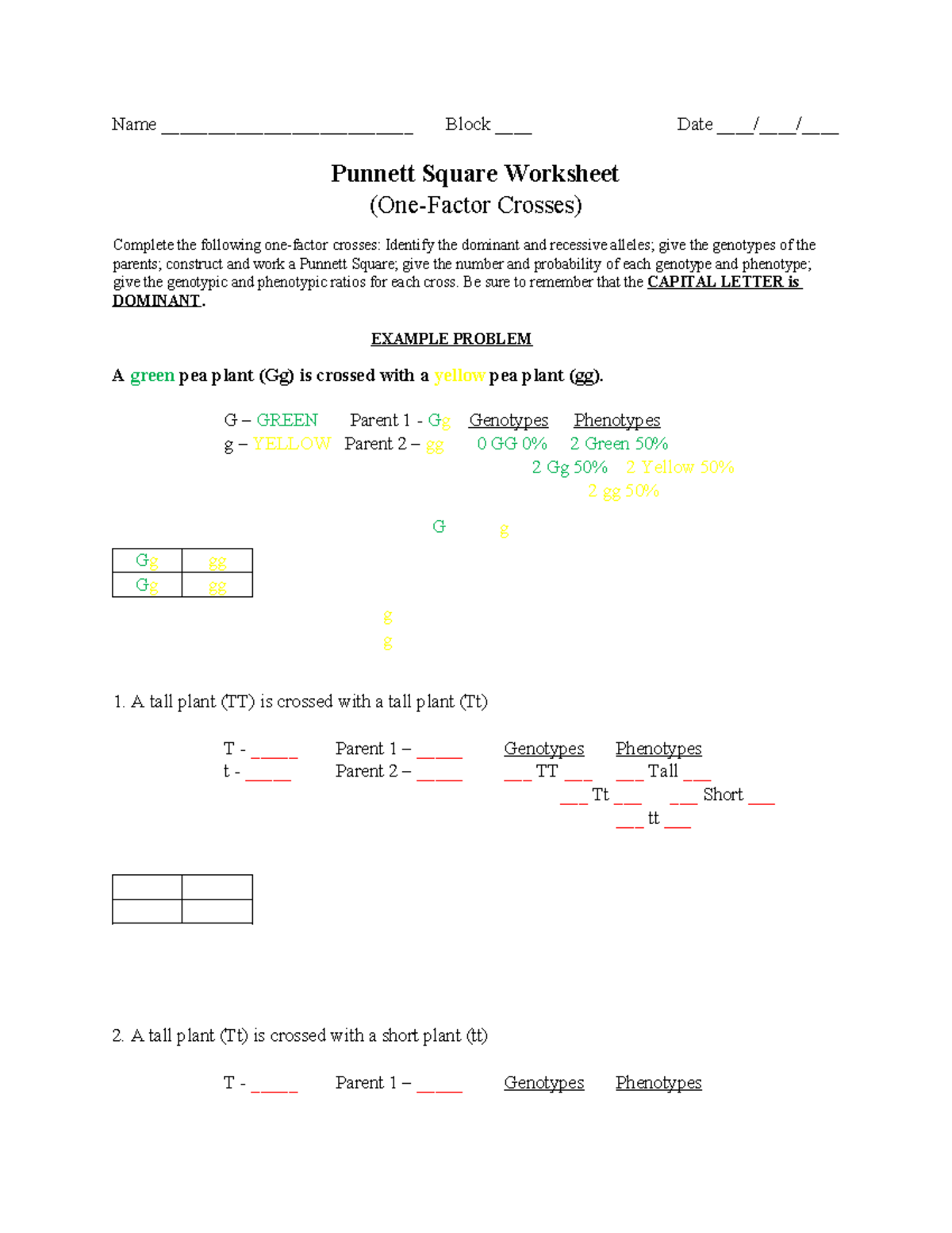 Punnett Square Worksheet (1 Trait) for Genetics Crosses - Studocu