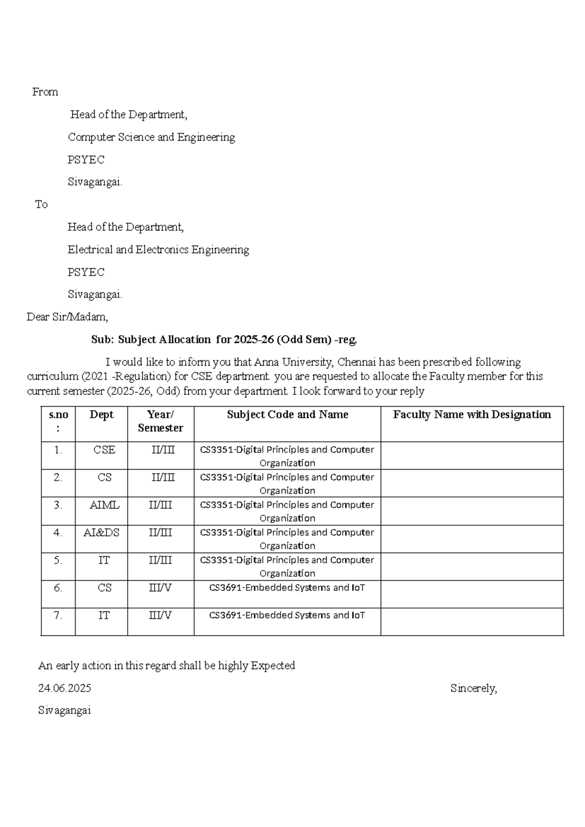 Subject Allocation Letter for ECE - Odd Semester 2025 - Studocu
