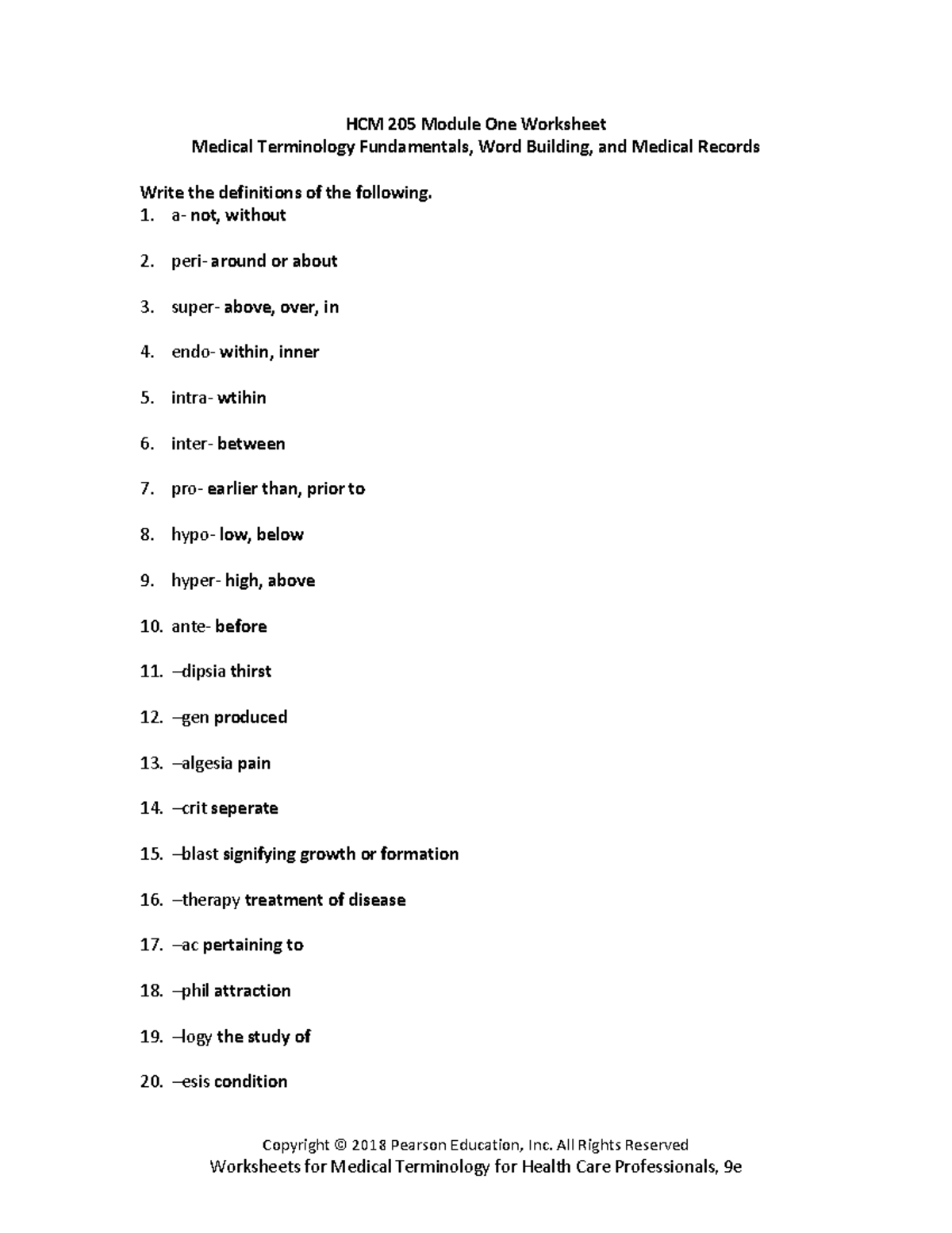 HCM 205 Module One Worksheet: Medical Terminology & Word Building - Studocu