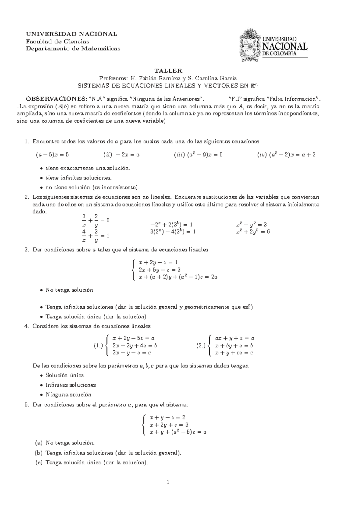 Taller 1 Corr - Parcial de Álgebra: Sistemas de Ecuaciones Lineales ...