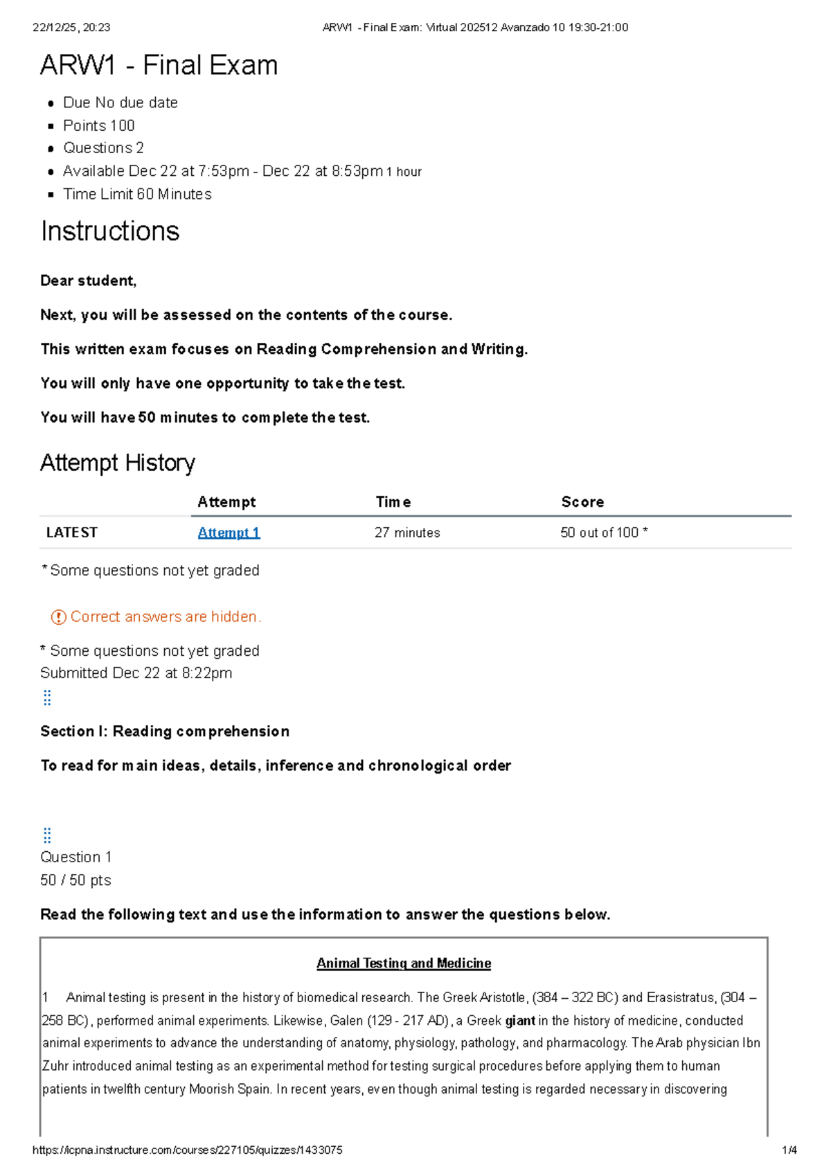 ARW1 Final Exam: Virtual 202512 - Animal Testing & Writing Skills - Studocu