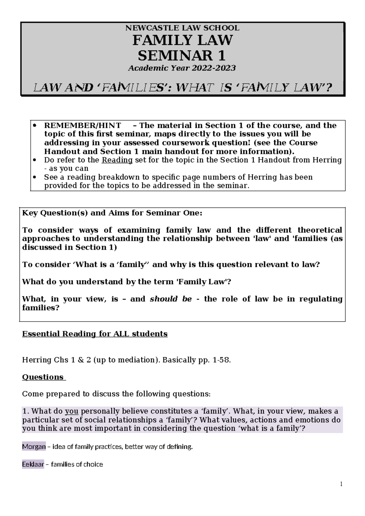 Family Law Seminar 1: Understanding Family Dynamics (LAW 2022-23) - Studocu