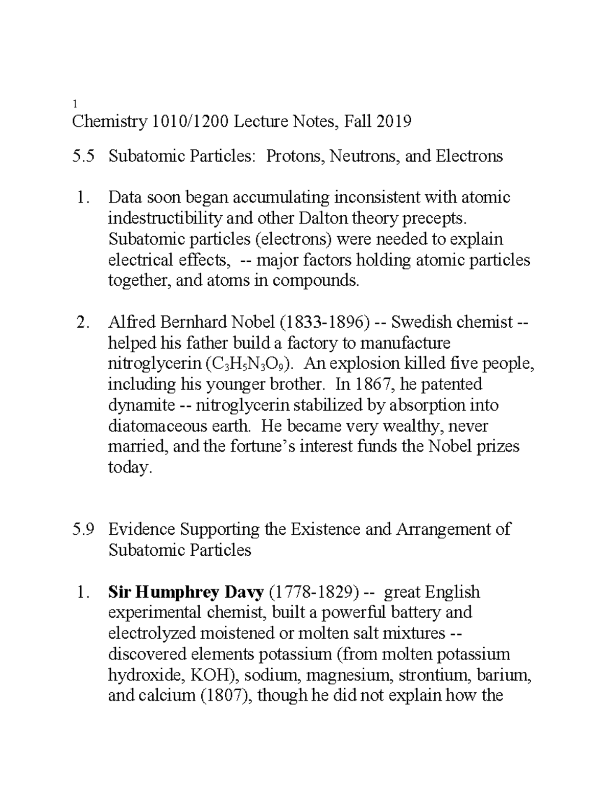 Chemistry 1010/1200 Lecture Notes: Subatomic Particles & Atomic Masses ...