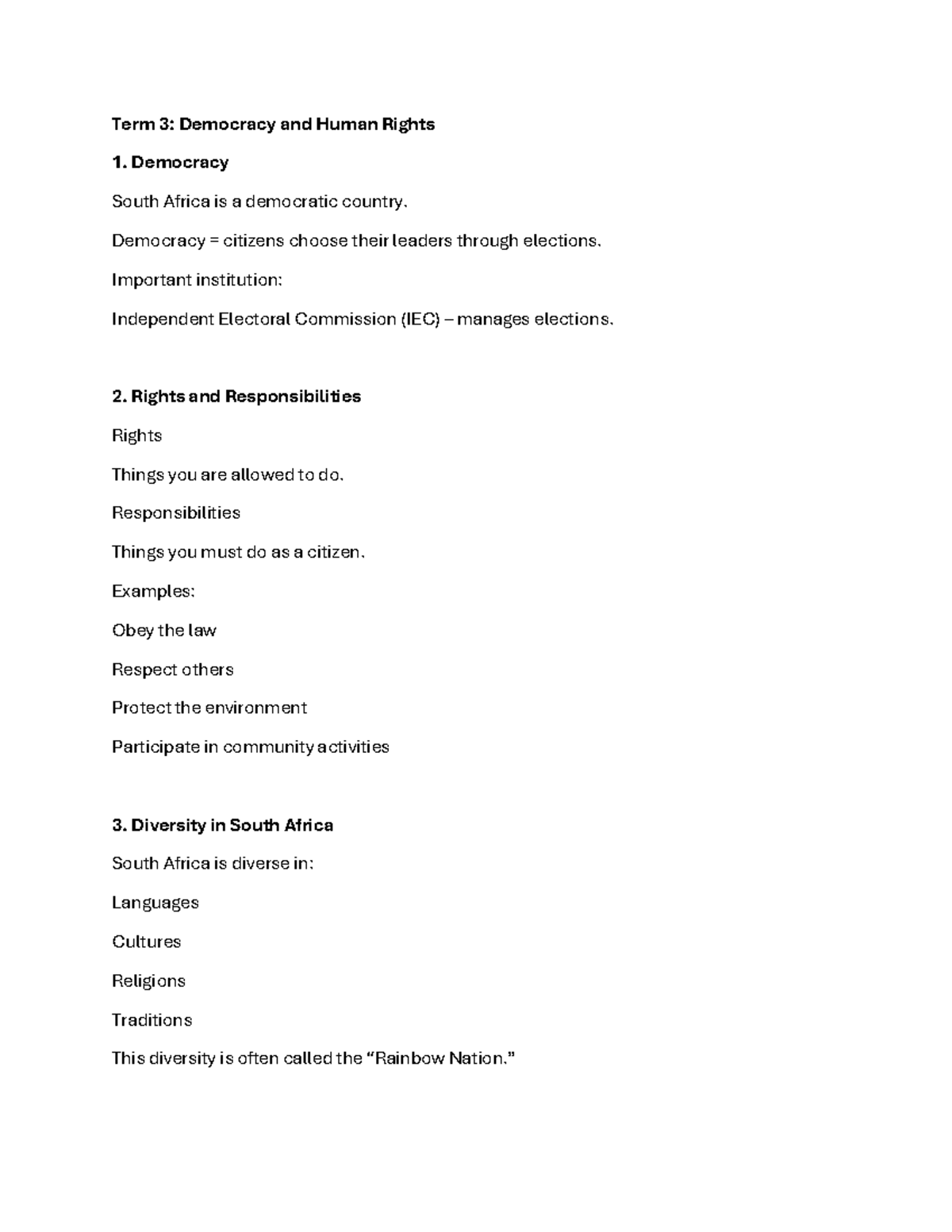 LO NOTES TERM 3: Democracy, Rights, and Diversity in SA - Studocu