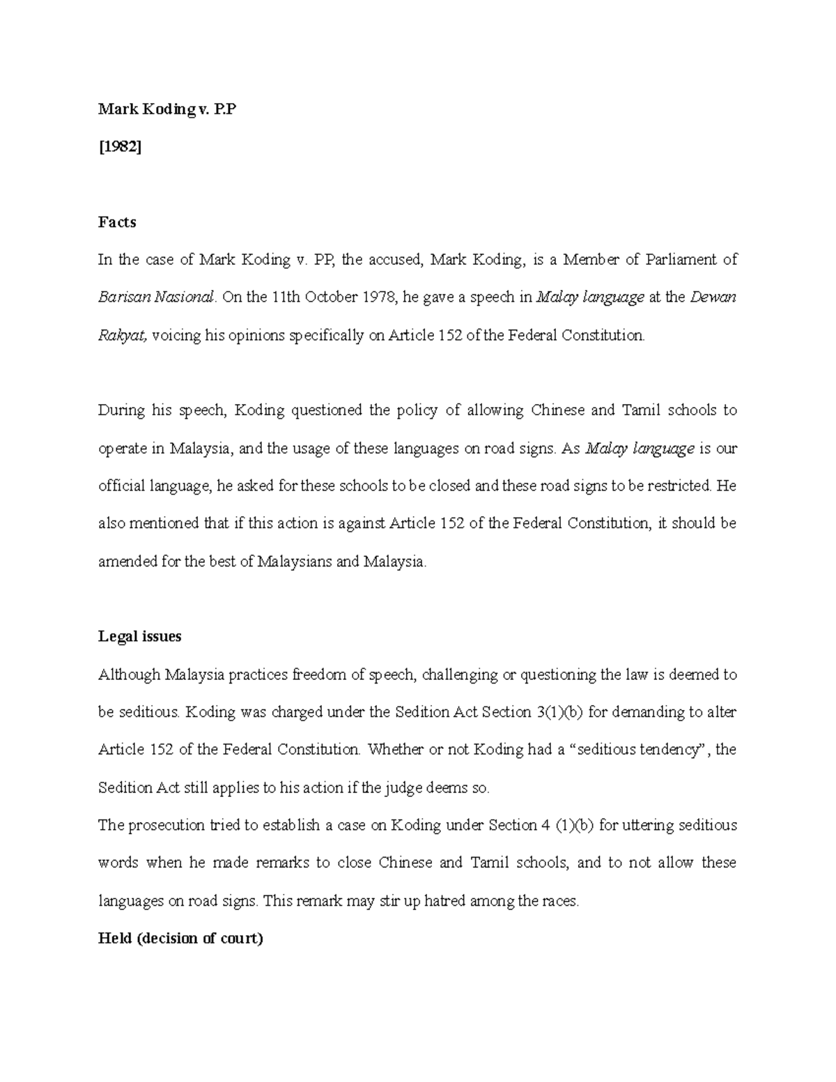 Case Review: Mark Koding v. PP [1982] - Analysis & Court Decision - Studocu