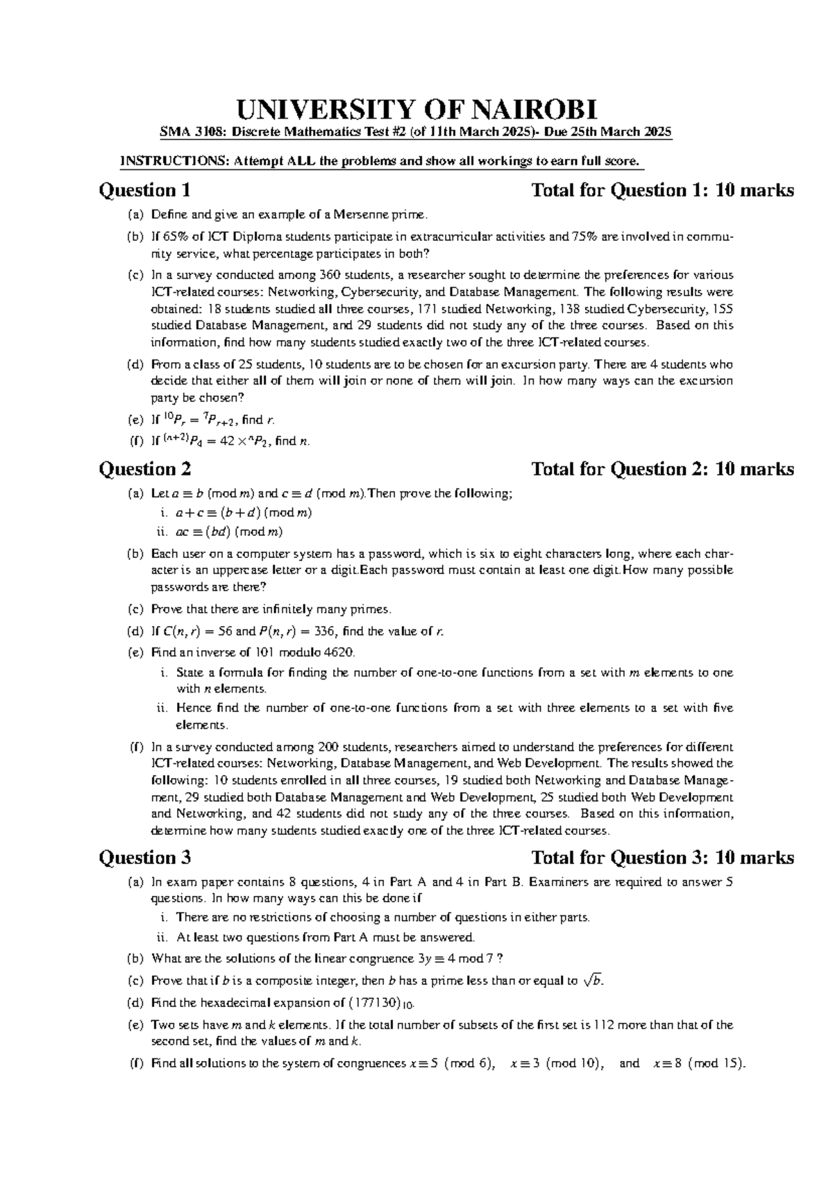 SMA 3108: Discrete Mathematics Test Questions and Solutions - Studocu