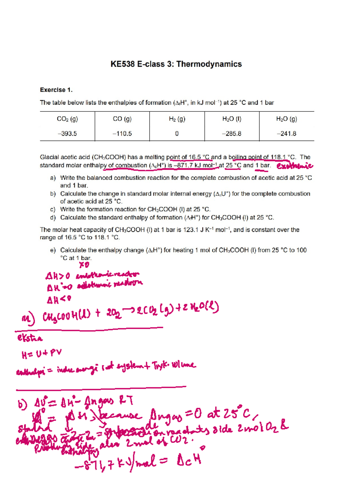 KE538 3: Thermodynamics Exercise 1 - Enthalpy Calculations - Studocu