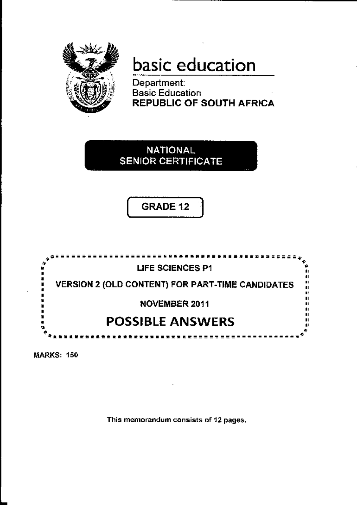 Life Sciences P1 Memorandum - NSC Grade 12 November 2011 - Studocu