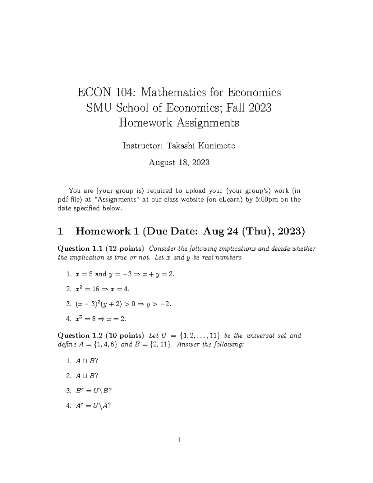 HW #1 Solutions for ECON 104: Math for Economics, Fall 2023 - Studocu