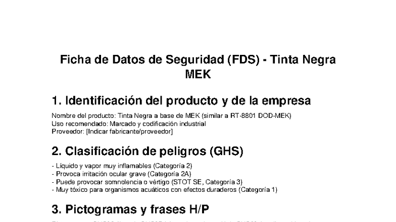 FDS Tinta Negra MEK: Seguridad y Manejo de Productos Químicos - Studocu