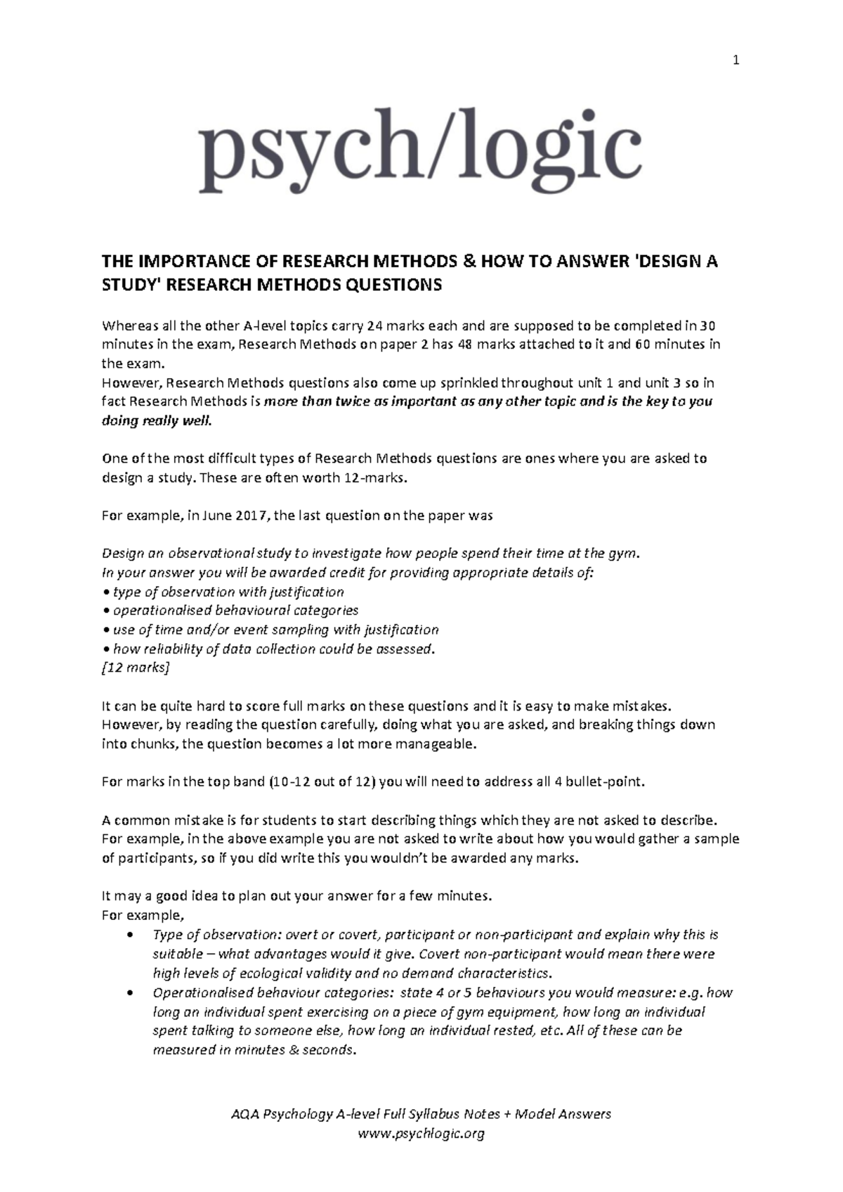 Research Methods Design A Study Questions - 1 AQA Psychology A-level ...