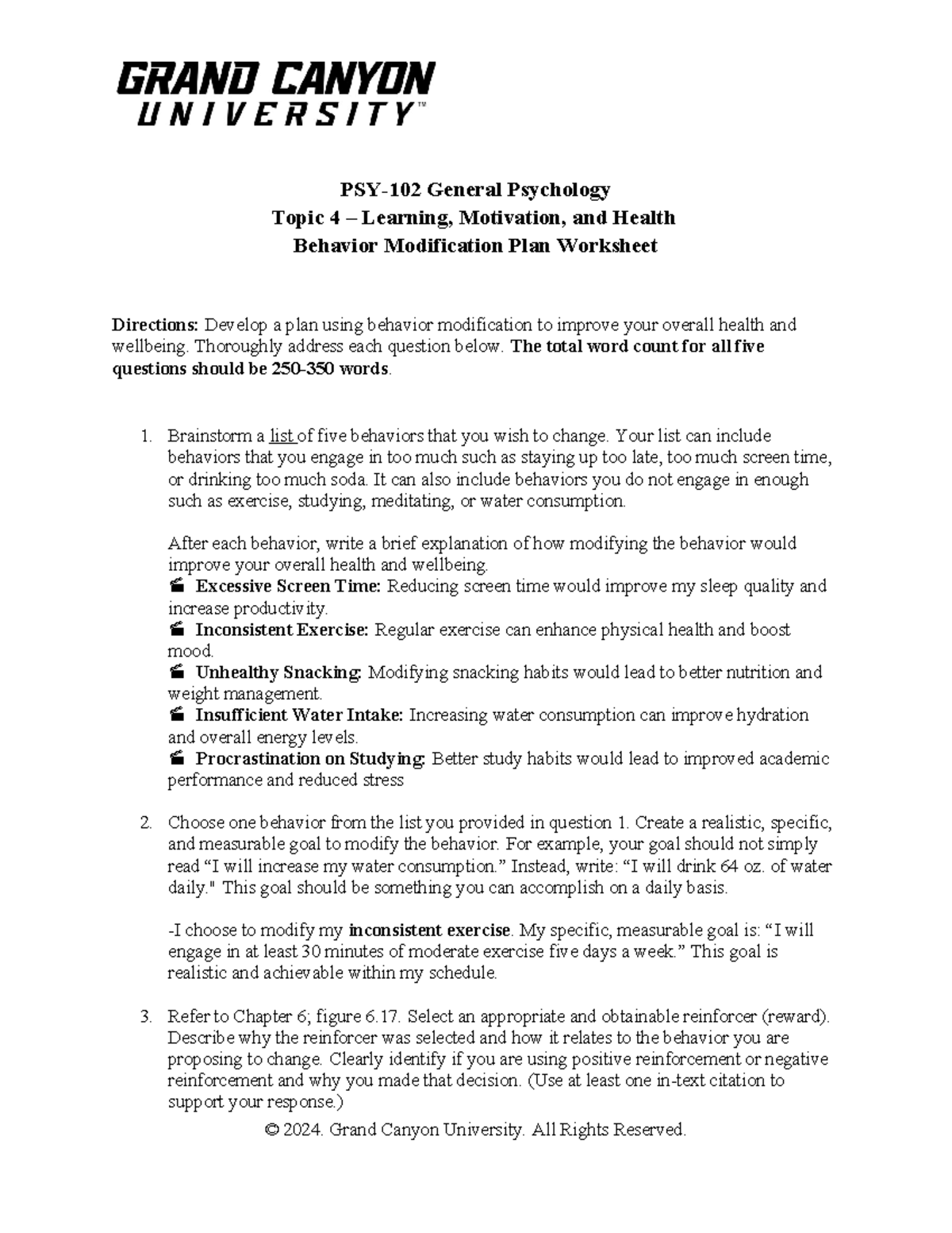 PSY-102 Behavior Modification Plan: Improving Health & Wellbeing - Studocu